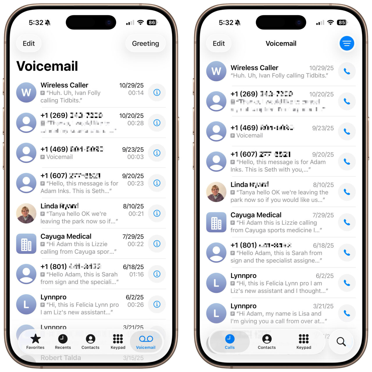 Comparing the Classic and Unified Views in iOS 26’s Phone App - TidBITS